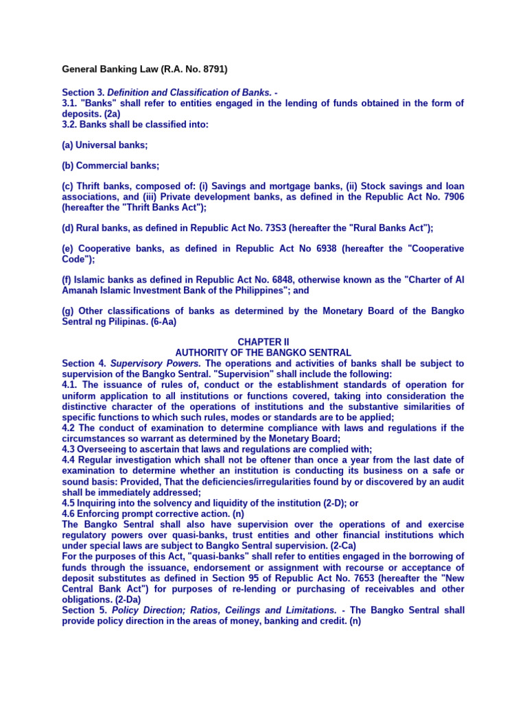 Banking Law General Banking Law R A No 8791 Pdf Loans Banks