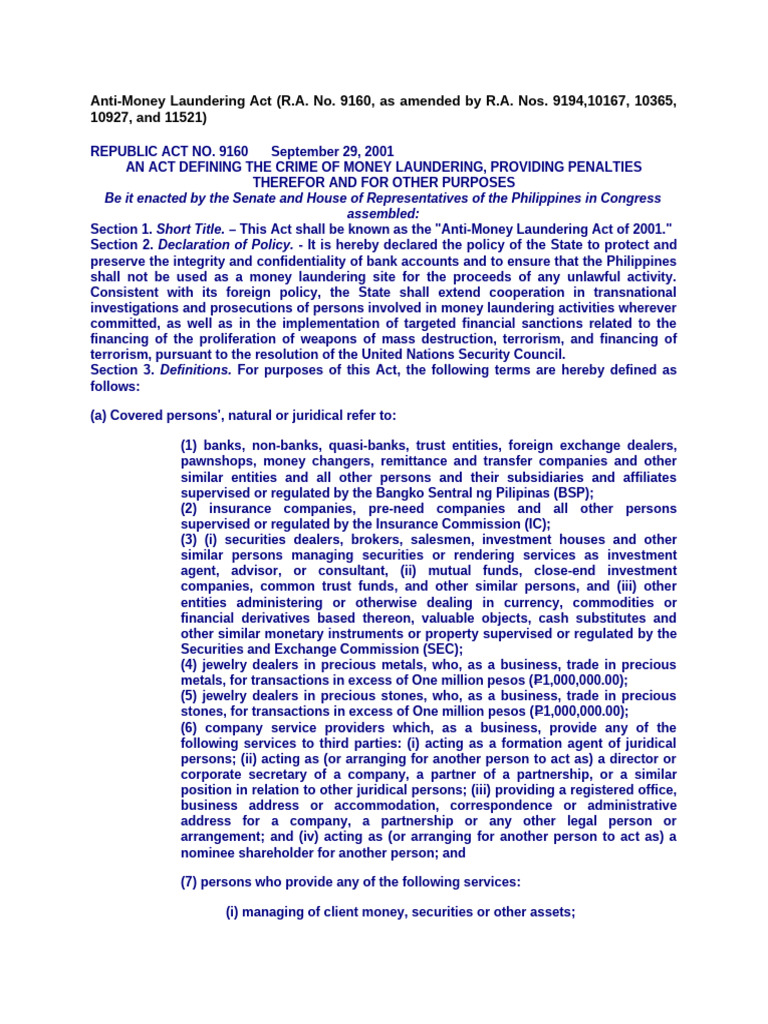 BANKING LAW - Anti-Money Laundering Act (R.A. No. 9160, as amended by R ...