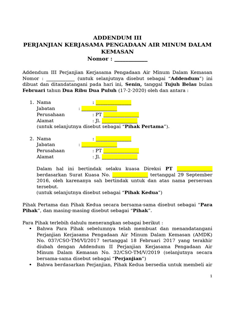 27.02.2020 Addendum III Perjanjian Kerjasama Pembelian Air Galon | PDF