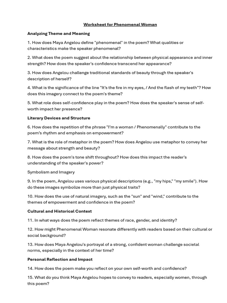 Worksheet For Phenomenal Woman | PDF