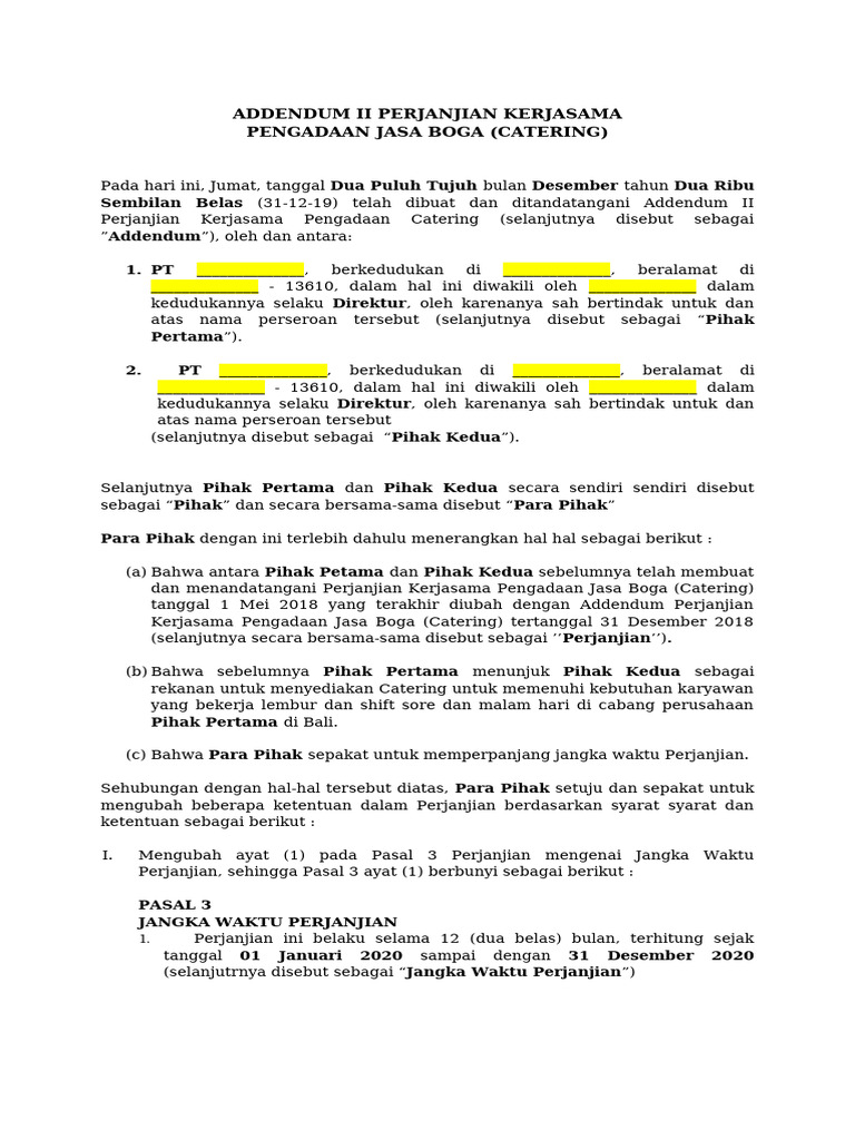 Addendum II Perjanjian Kerjasama Pengadaan Catering | PDF