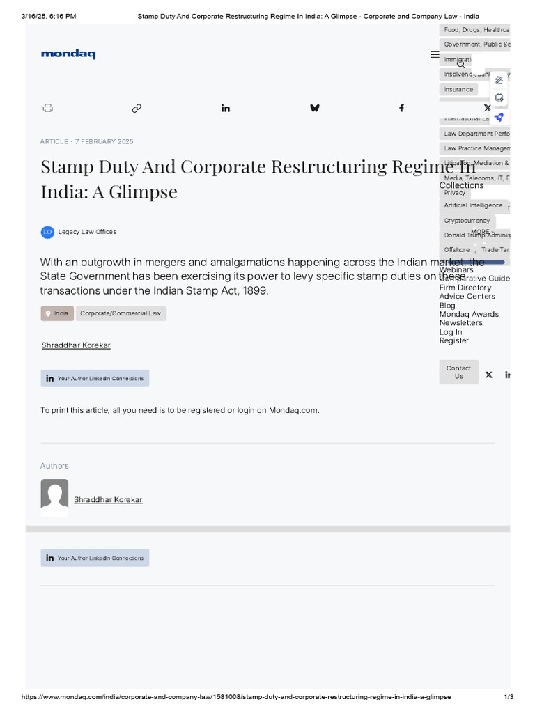 Stamp Duty in India's Corporate Restructuring | PDF | Mergers And ...