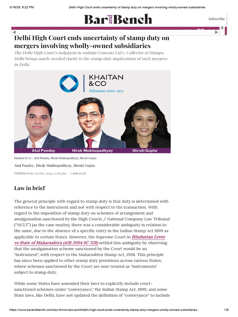 Delhi High Court Clarifies Stamp Duty on Mergers | PDF | Subsidiary ...