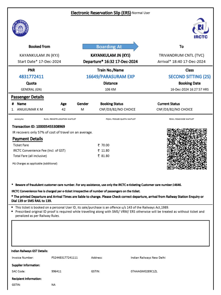 Parasuram Express 2S Booking Details | PDF | Identity Document | Payments
