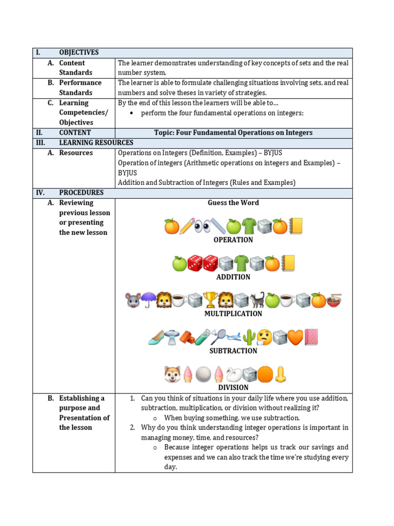 Lesson Plan Four Fundamental on Integers | PDF | Multiplication ...