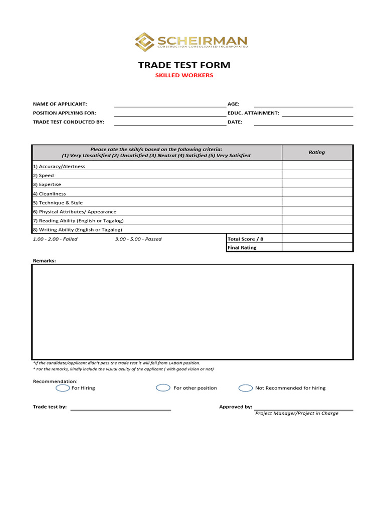 HR FORM - TRADETEST FORM-revised2023 - 1 - 2 - 1 | PDF
