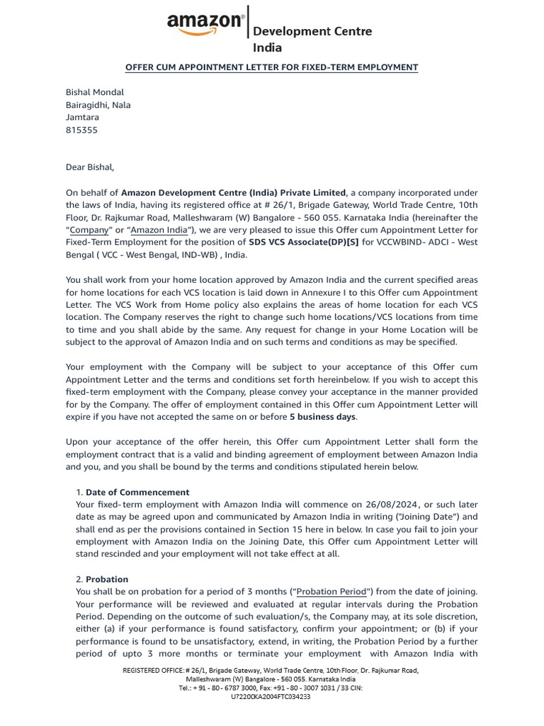 Amazon Fixed-Term Employment Offer Letter | PDF | Legal Remedy | Common Law