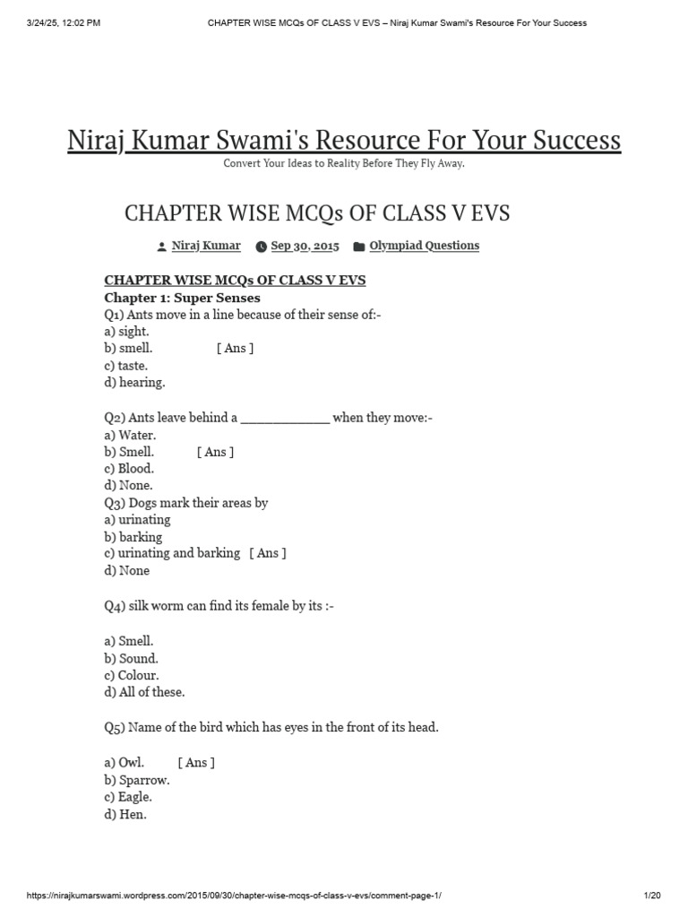 CHAPTER WISE MCQs OF CLASS V EVS - Niraj Kumar Swami's Resource For Your Success | PDF | Foods ...