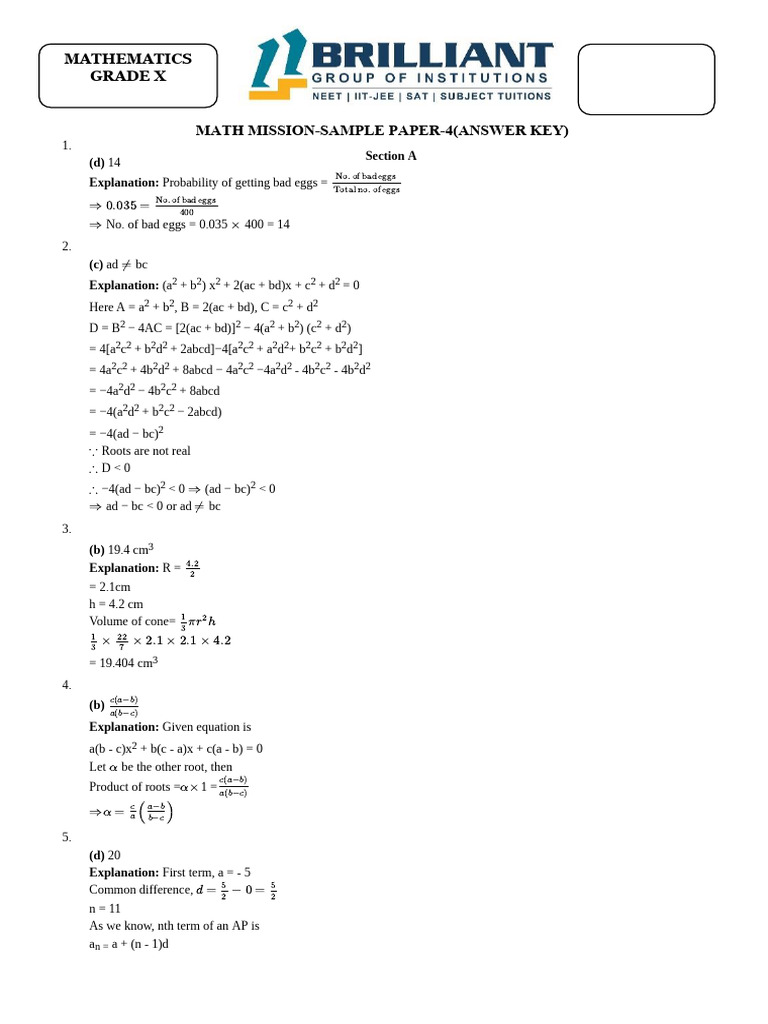 Grade X Mathematics Sample Paper 4 | PDF | Mathematics