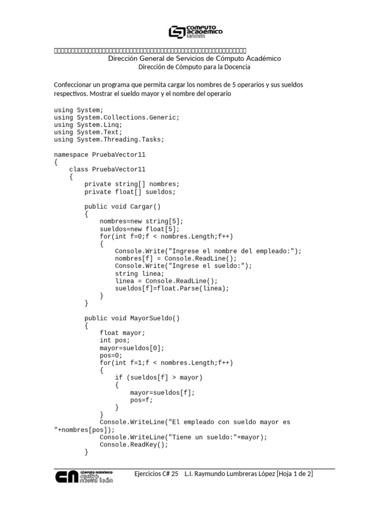 25 Ejercicios CSharp | PDF