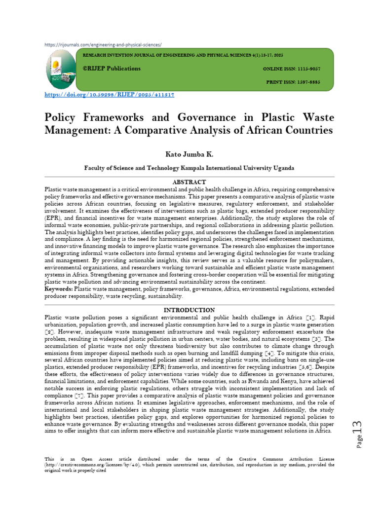 Policy Frameworks and Governance in Plastic Waste Management: A ...