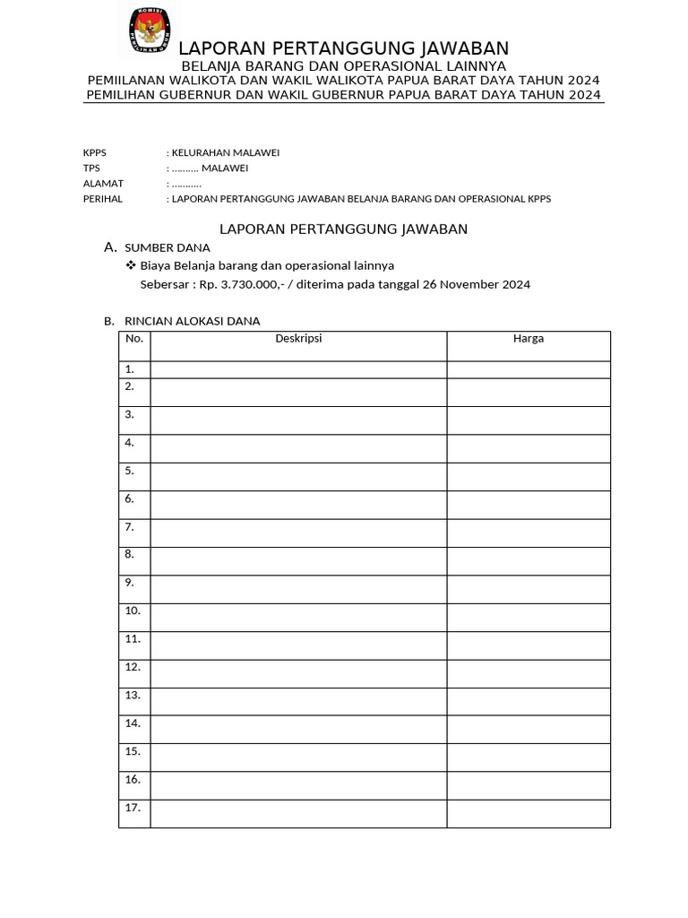 Laporan Belanja KPPS Papua Barat Daya 2024 | PDF