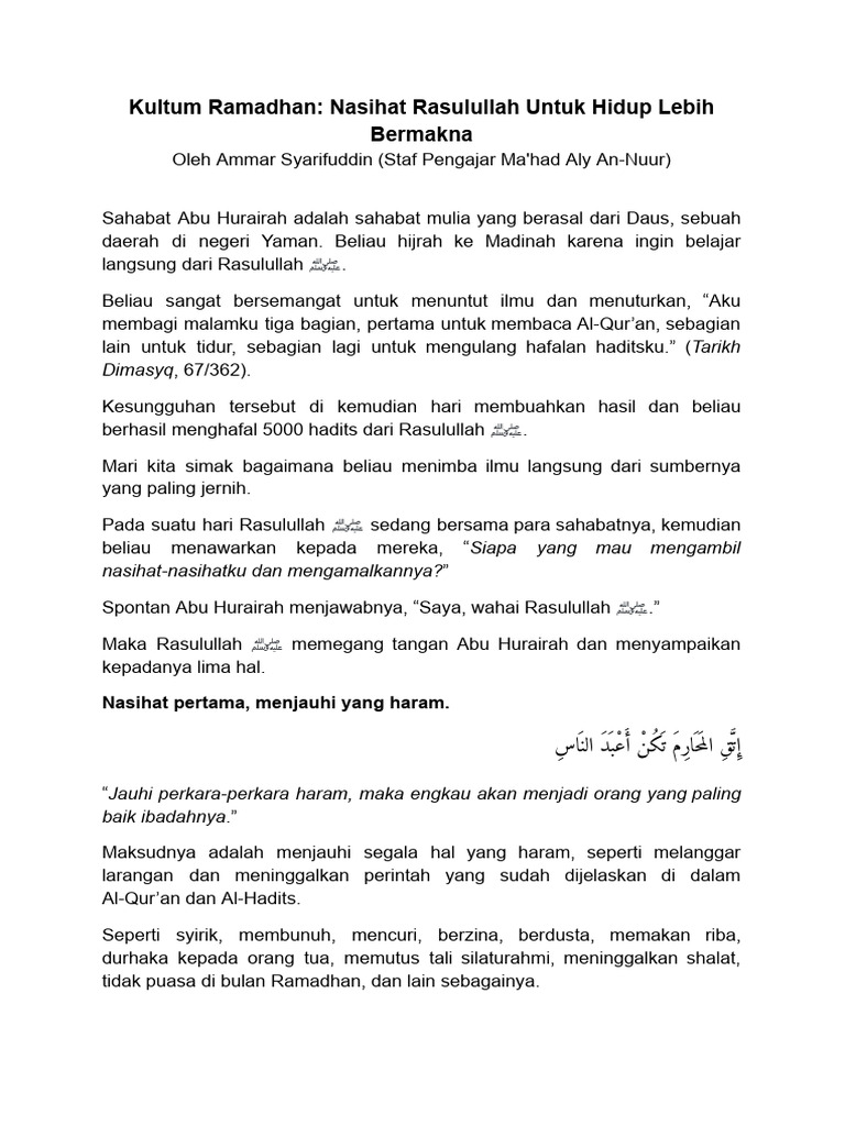 Kultum Ramadhan Nasihat Rasulullah Agar Hidup Lebih Bermakna | PDF