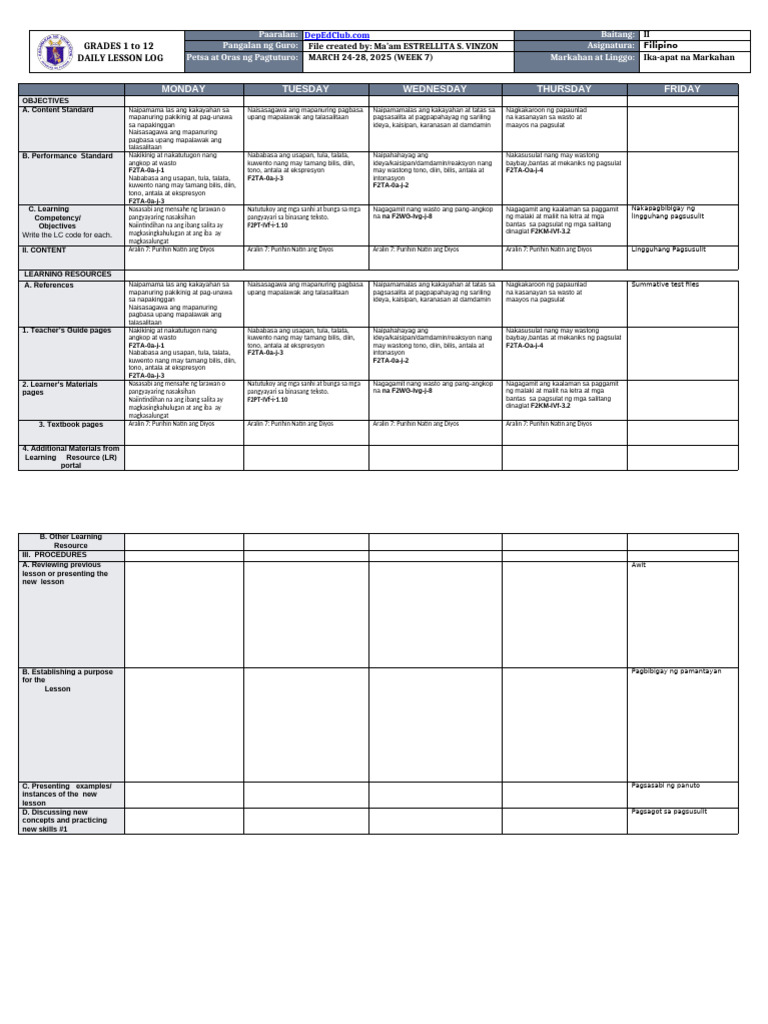 DLL - Filipino 2 - Q4 - W7 | PDF