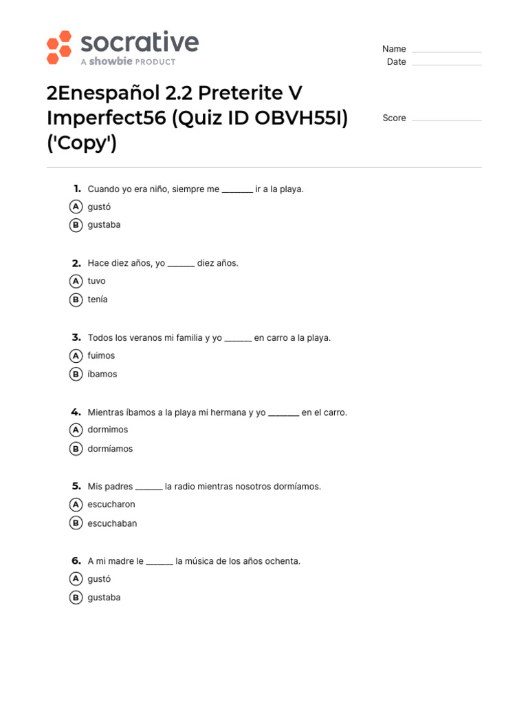 Quiz_2Enespañol 2.2 Preterite v Imperfect56 (Quiz ID OBVH55I) (Copy) | PDF