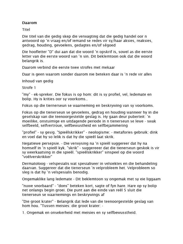 Daarom - Opsomming Van Gedig | PDF