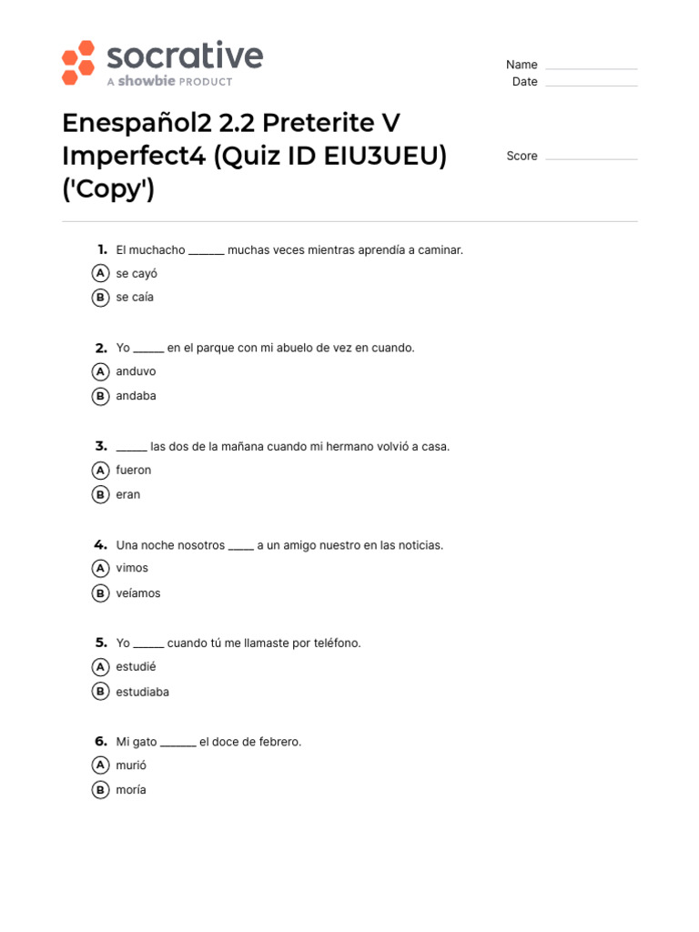 Quiz - Enespañol2 2.2 Preterite V Imperfect4 (Quiz ID EIU3UEU) (Copy) | PDF