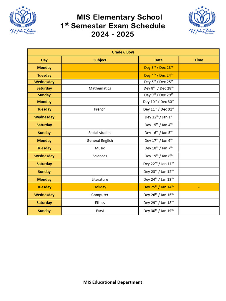 Exam Schedule-1st Sem - G6 Boys | PDF