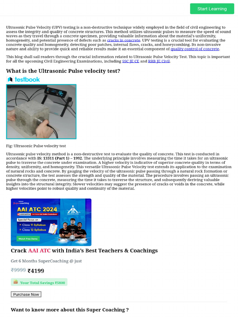 Ultrasonic Pulse Velocity Test-Procedure, Applications, Advantages | PDF