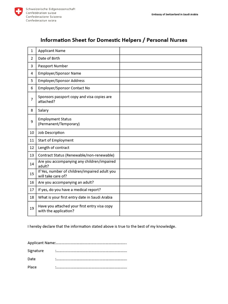 Swiss Embassy Guide for Domestic Helpers | PDF