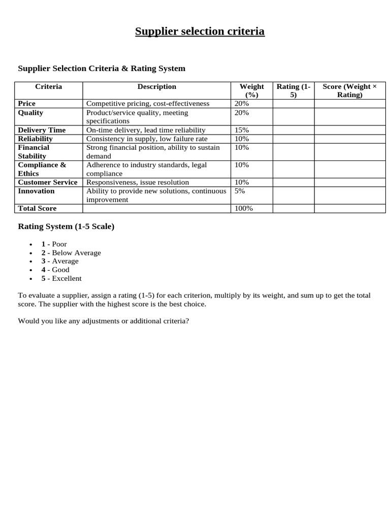 Supplier Selection Criteria | PDF