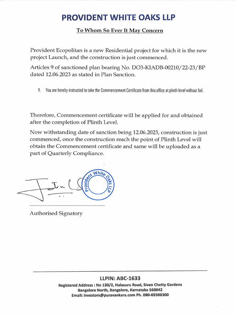 Commencement Certificate Declaration Pdf