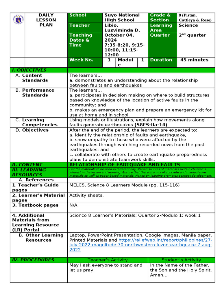 Science Lesson Plan: Earthquakes & Faults | PDF | Earthquakes | Fault ...