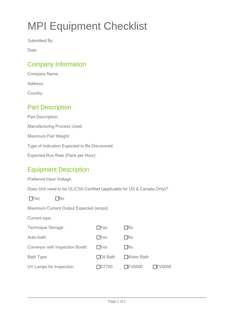 Magnetic Particle Inspection Equipment Checklist | PDF