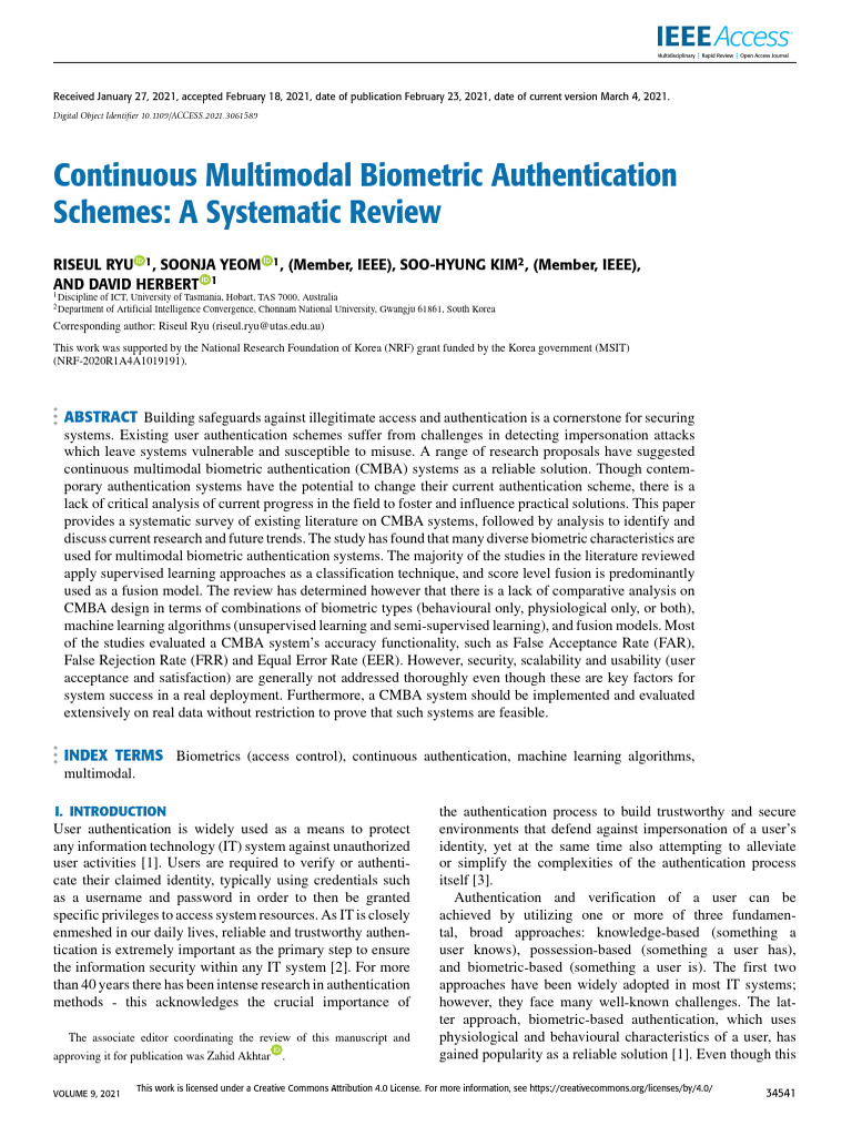 Continuous Multimodal Biometric Authentication Schemes A Systematic ...