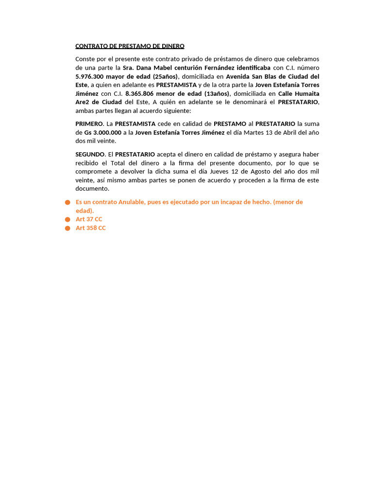 Redacción de Contacto Anulable y Nulo Malena | PDF