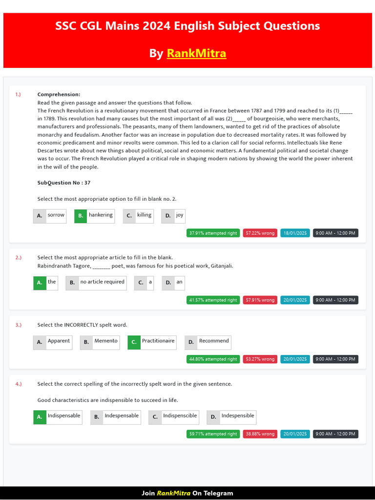 SSC CGL Mains 2024 English Subject Questions by RankMitra | PDF | Algae ...
