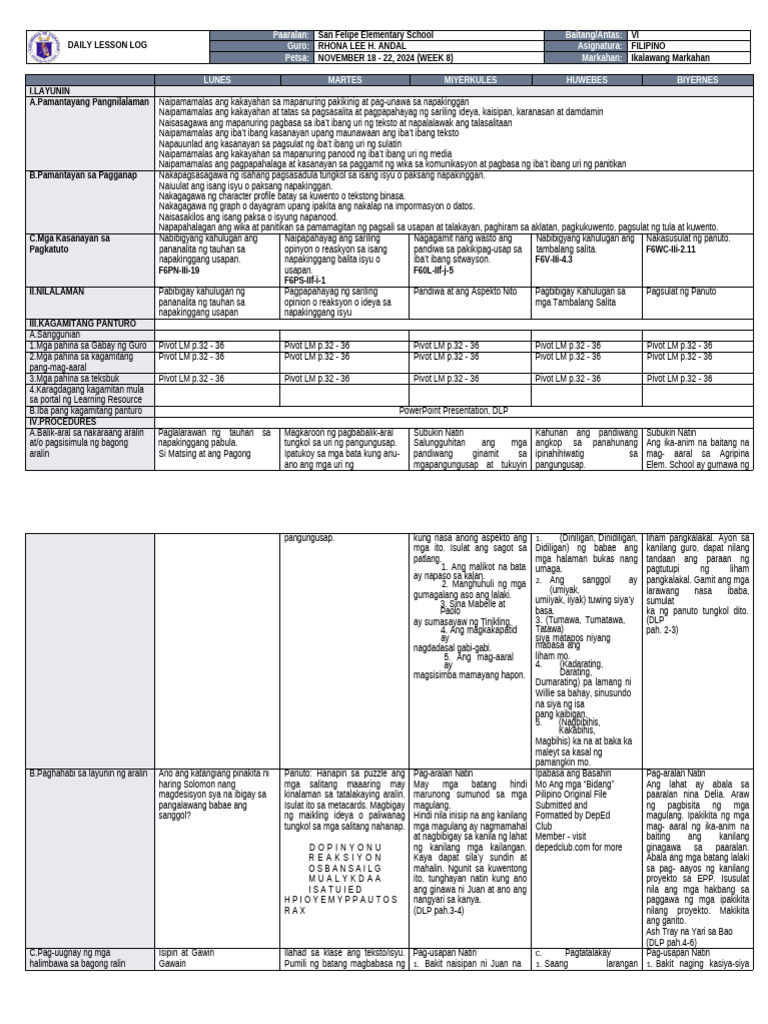 DLL - Filipino 6 - Q2 - W8 | PDF