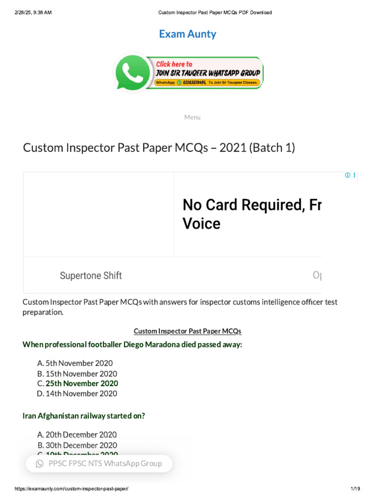 Custom Inspector Past Paper MCQs 2021PDF Download | PDF