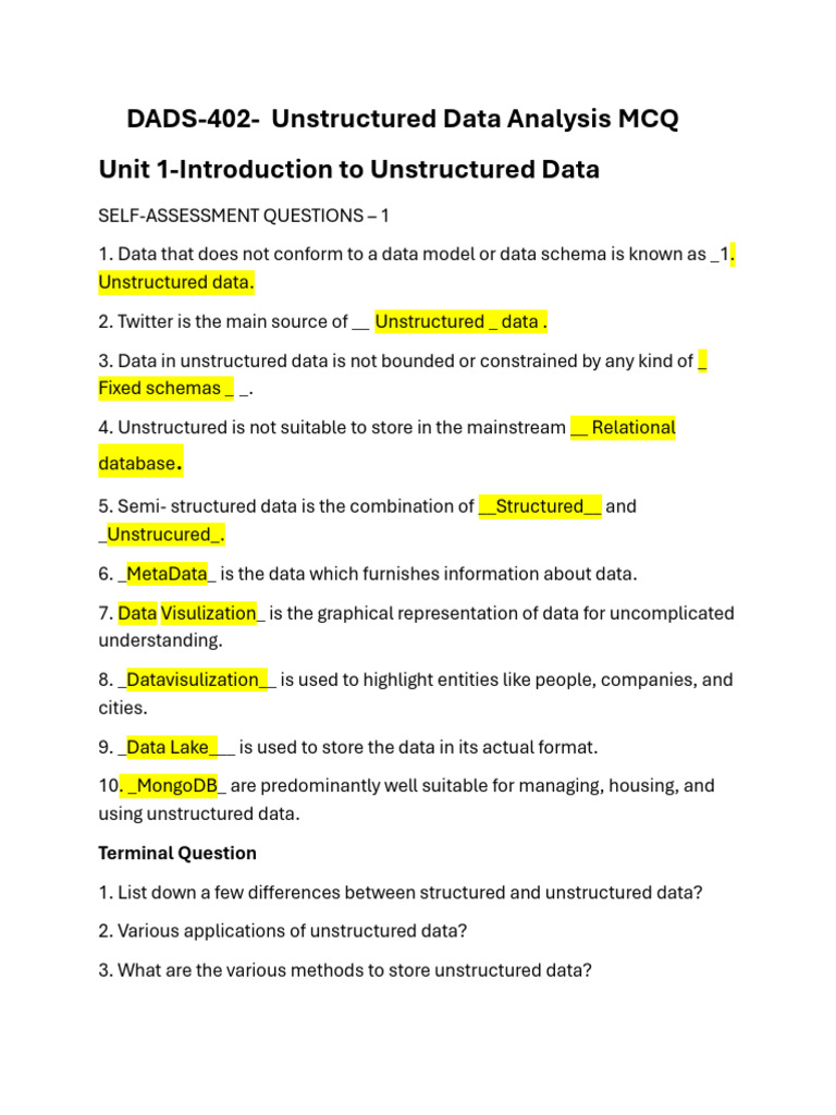 MCQ-402 - Unstructured Data Analysis | PDF | No Sql | Machine Learning