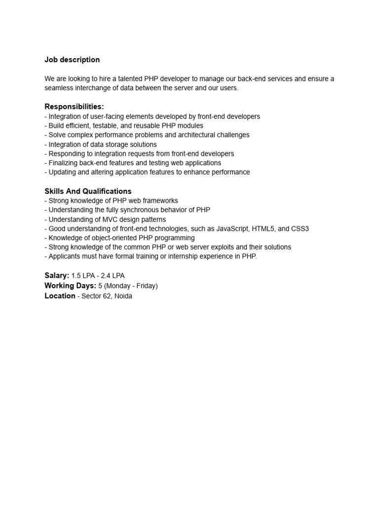 PHP Developer JD - Fresher | PDF