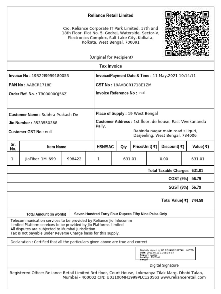 JioFiber Invoice 11 May 2021 | PDF | Rupee | Receipt