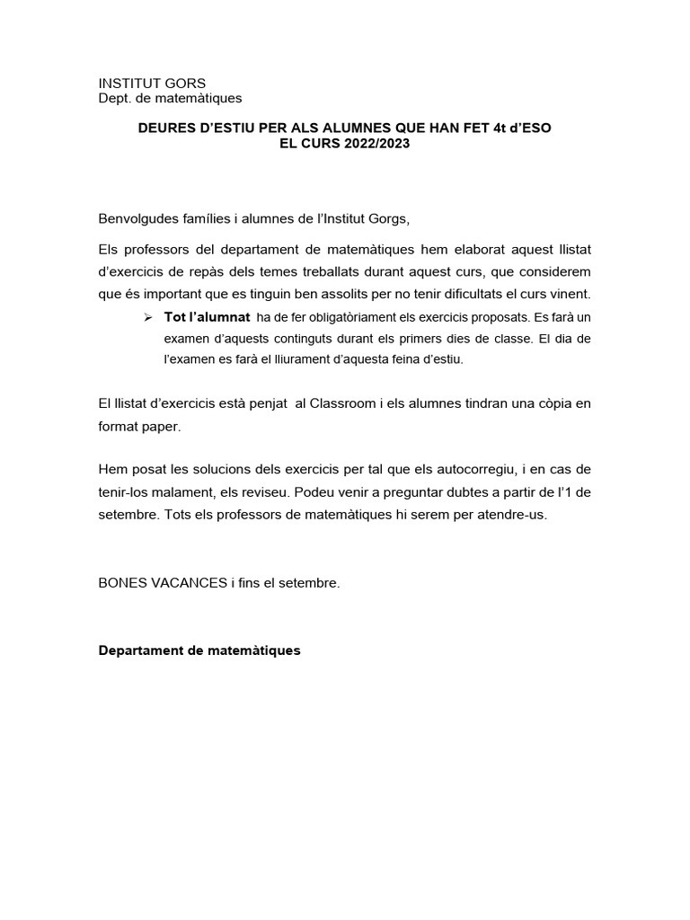 Deures Estiu 4rt ESO 22-23 | PDF