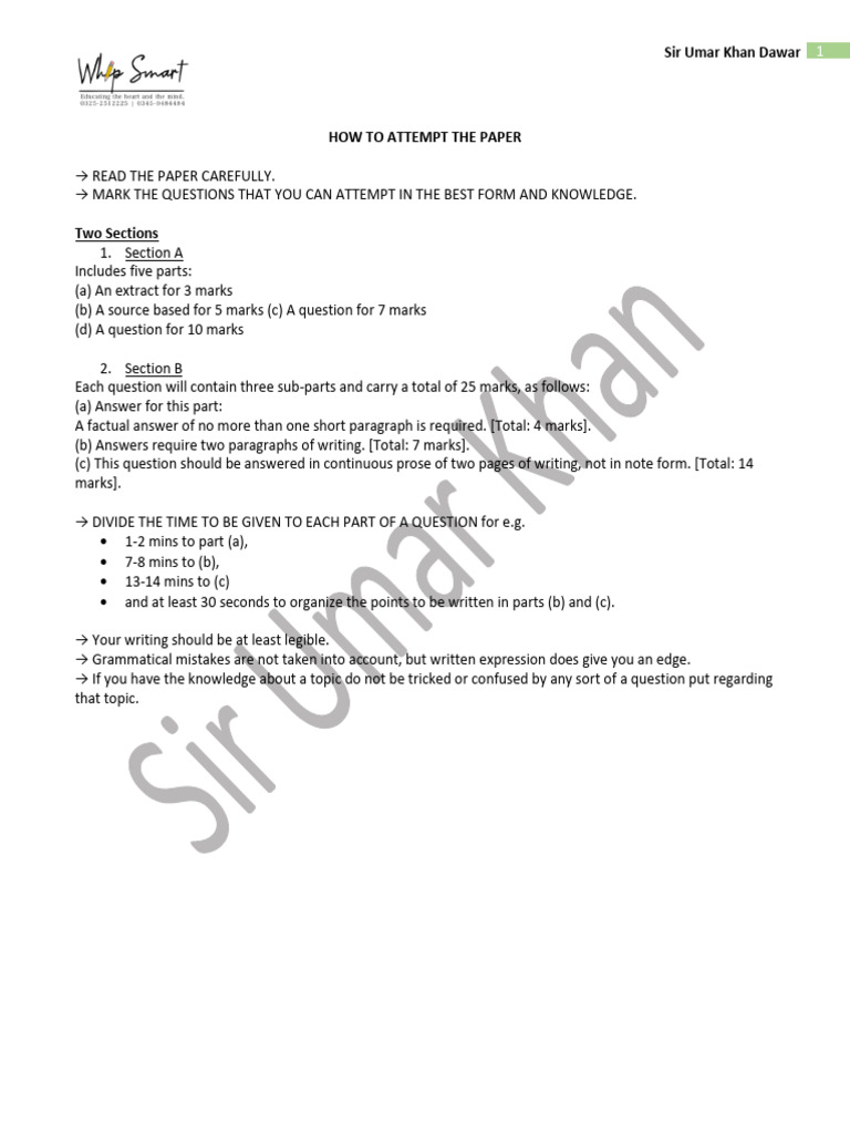 Guidelines for Attempting the Paper | PDF