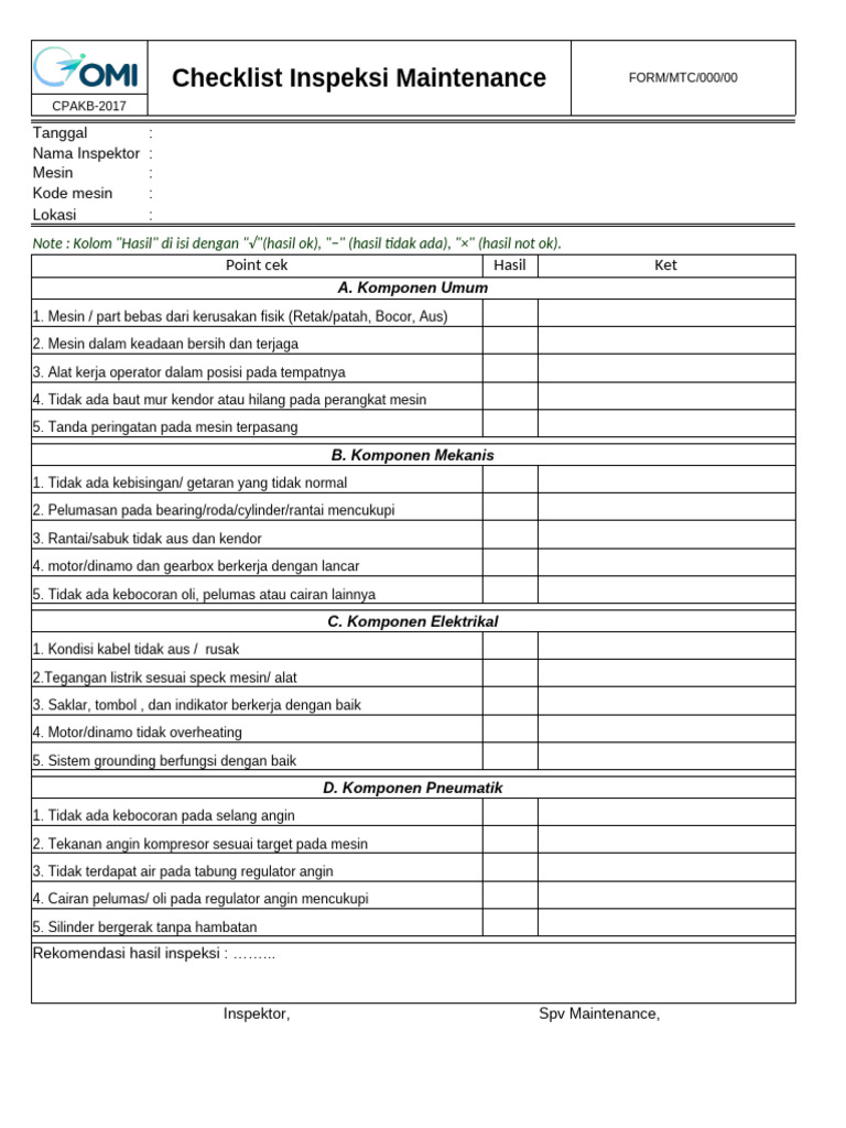 Checklist Pemeliharaan Mesin | PDF