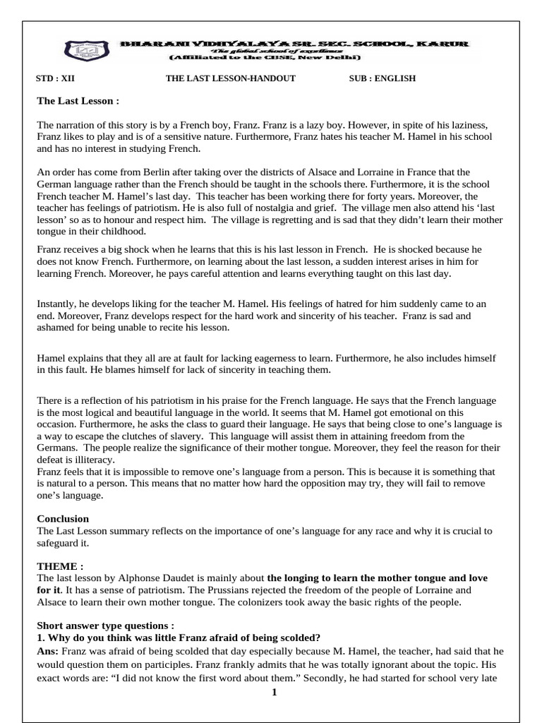Xii The Last Lesson - Handouts (Final) | PDF | Classroom | Teachers