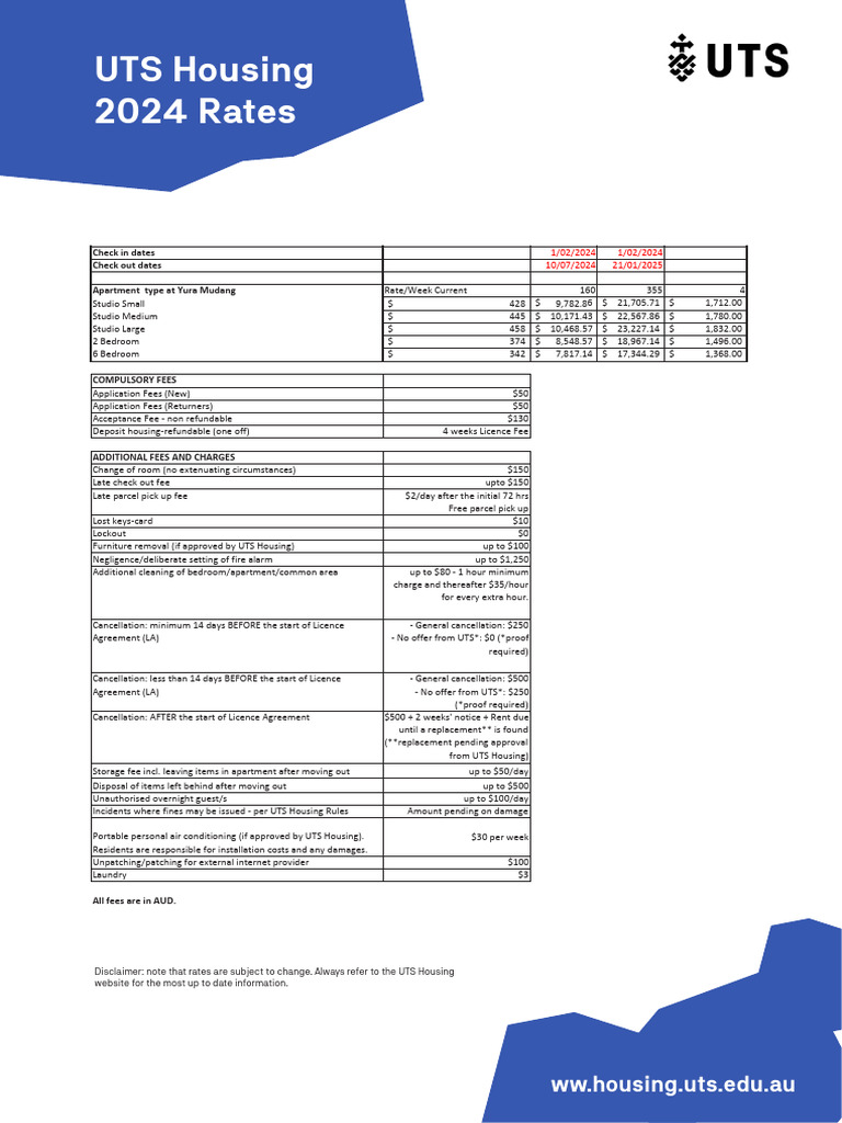 UTS - Housing - YM - Price - List | PDF | Fee