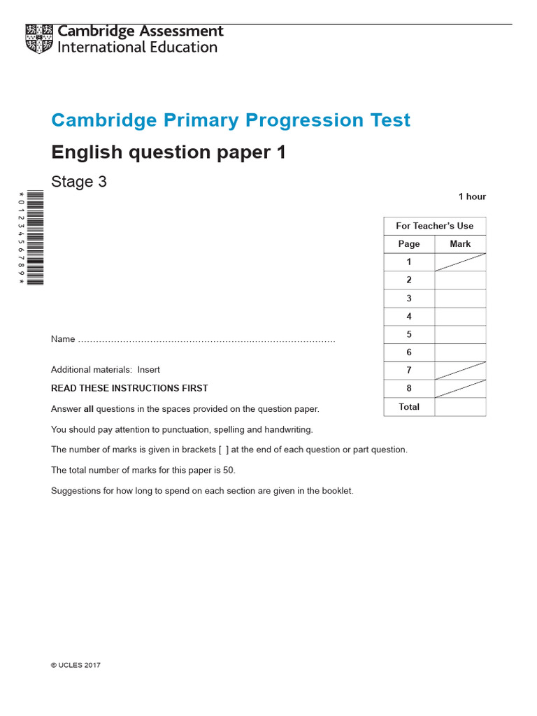 2018 Cambridge Primary Progression Tests English Stage 3 QP Paper 1 ...