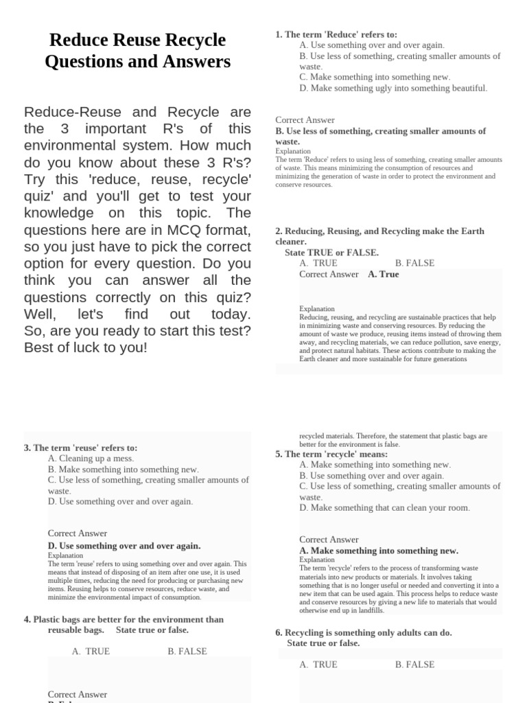 Reduce Reuse Recycle Questions and Answers | PDF | Recycling | Waste