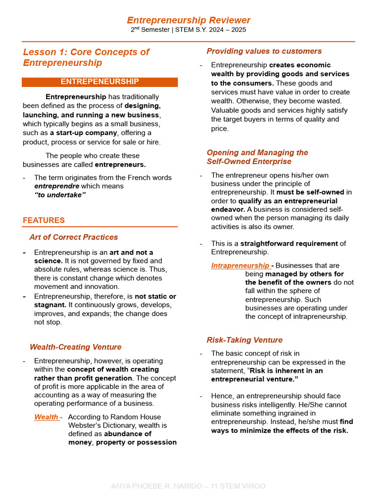 Core Concepts of Entrepreneurship Guide | PDF | Entrepreneurship ...