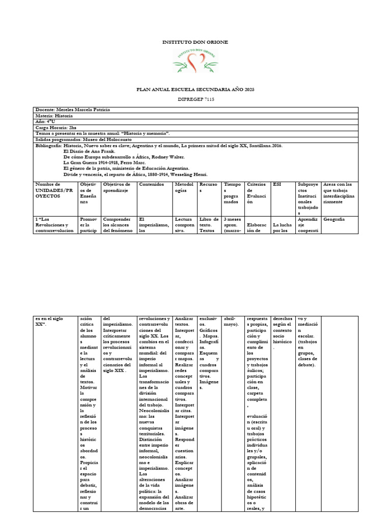 Plan Anual Historia 4 | PDF