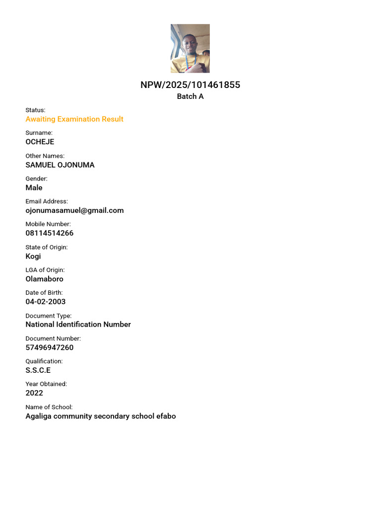 Ocheje Samuel Ojonuma - Npower Batch A | PDF