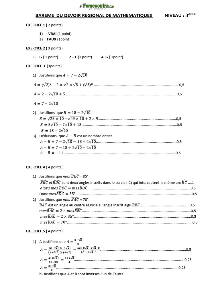 DEVOIR REGIONAL KORHOGO 2025 BEPC MATHS 3ième BAREME BY TEHUA | PDF