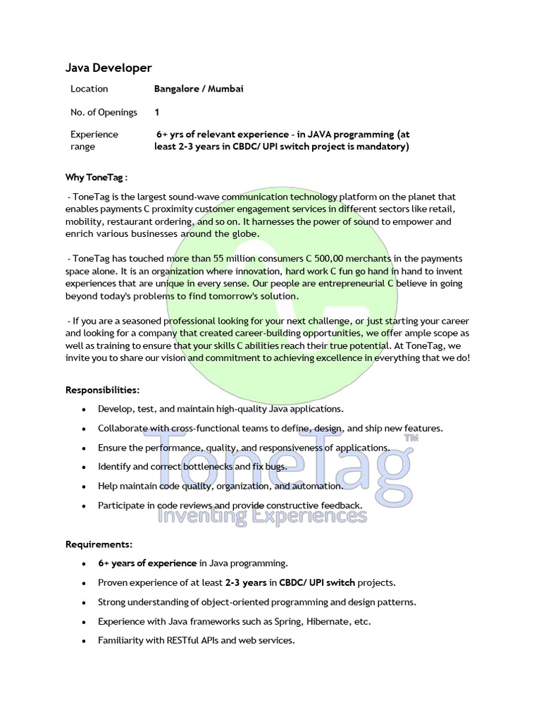 JAVA Developer (CBDC - UPI Switch) - Job-Description | PDF | Java (Programming Language ...