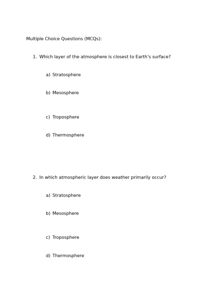 Atmospheric Layers and Pollution MCQs | PDF | Atmosphere Of Earth ...