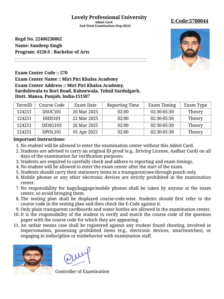 LPU Admit Card for March 2025 Exams | PDF
